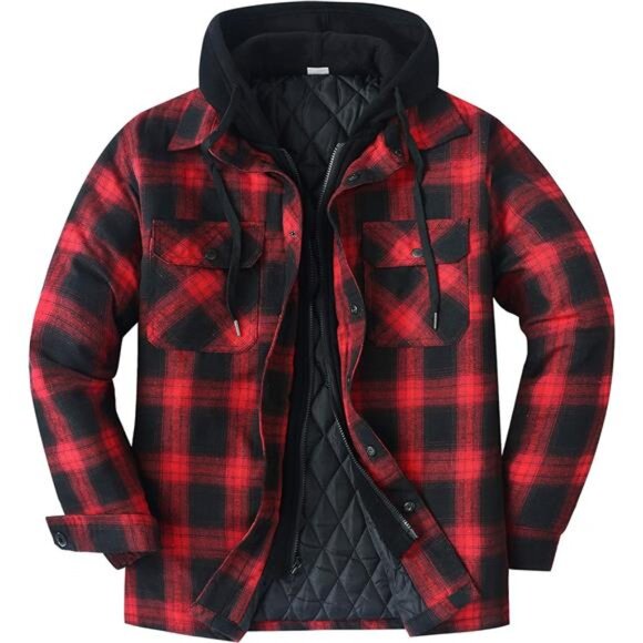 Jackets & Coats | Mens Thicken Plaid Hooded Flannel Shirt Jacket Red ...